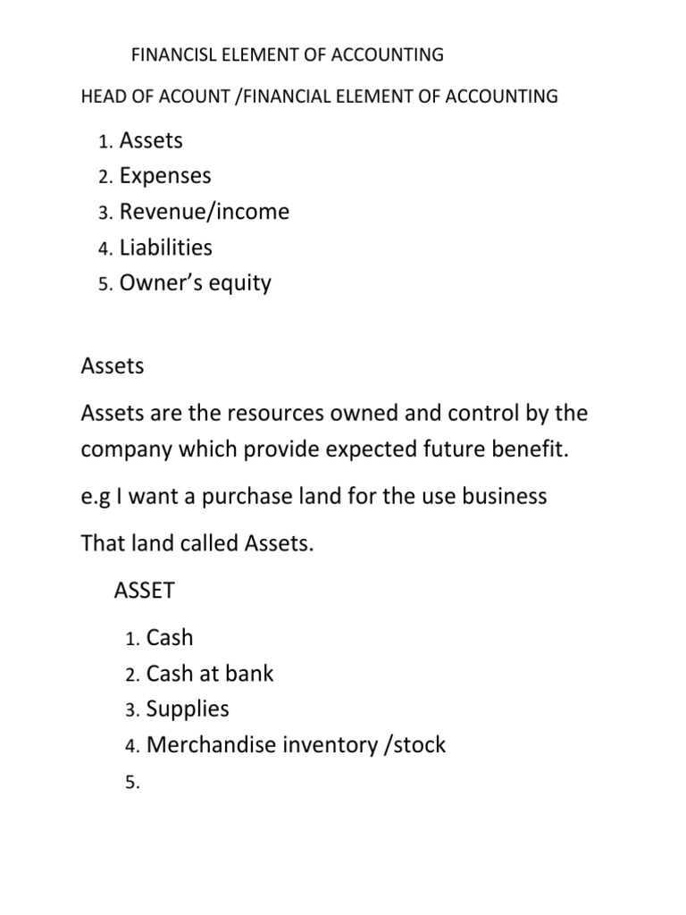 Financisl Element of Accounting Head of Acount /financial Element of ...