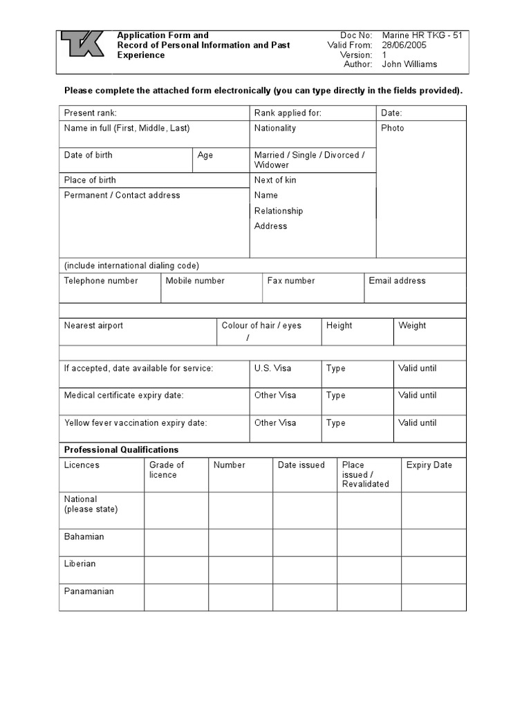 Marine Application Form & Experience Record | PDF | Ships | Navies