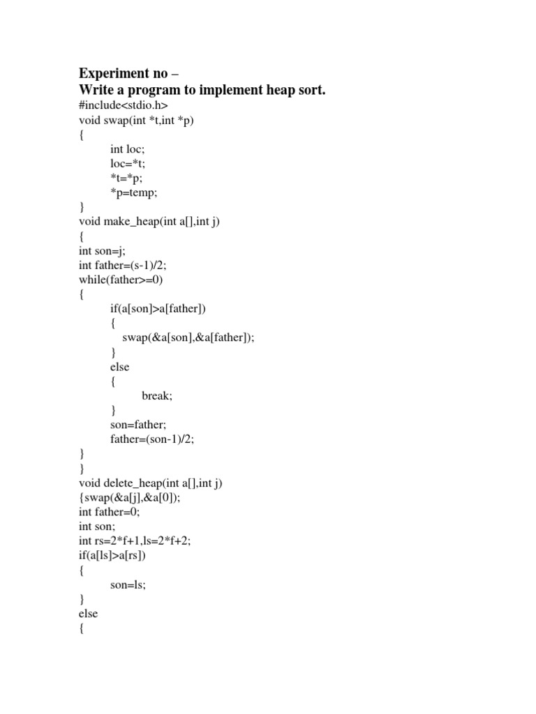 Experiment No - Write A Program To Implement Heap Sort | PDF