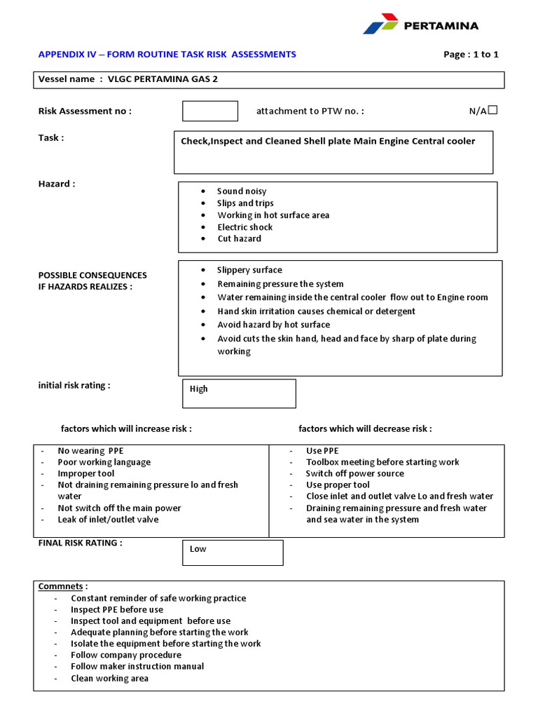 Appendix Iv - Form Routine Task Risk Assessments: Page: 1 To 1 Vessel ...
