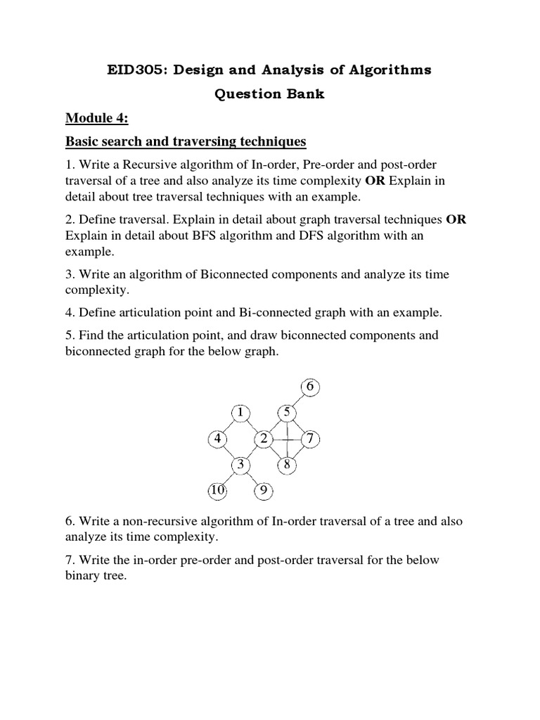 EID305: Design and Analysis of Algorithms Question Bank Basic Search and Traversing Techniques ...