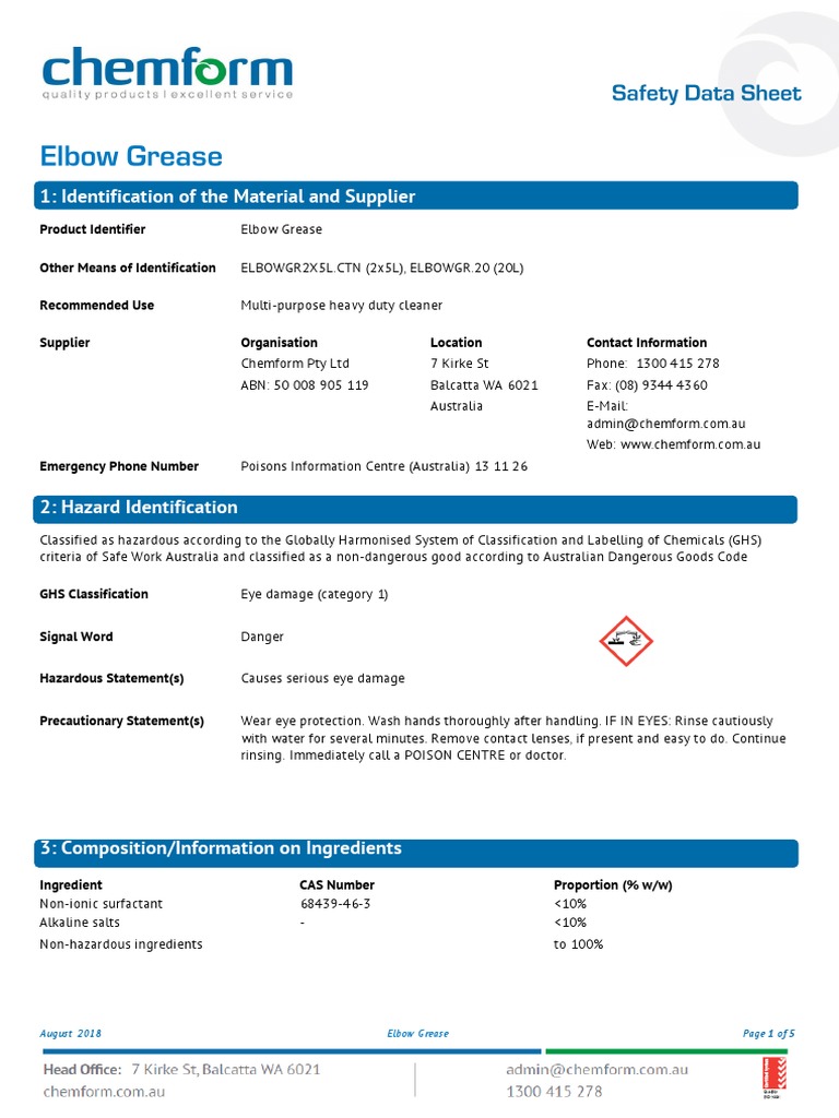 Elbow Grease SDS Identification and Hazards | PDF | Dangerous Goods | Personal Protective Equipment