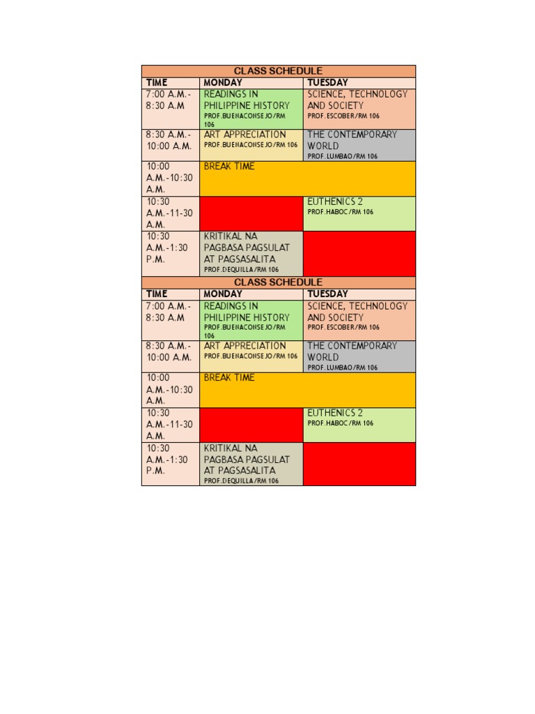 Weekly Class Schedule Overview | PDF