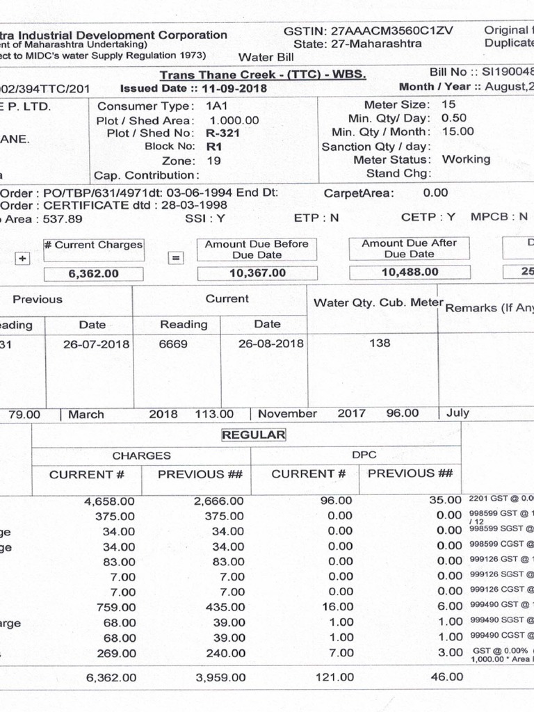 Water Bill Midc | PDF