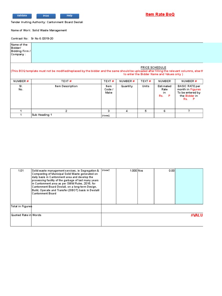 Item Rate Boq: Validate Print Help | PDF | Waste | Pollution