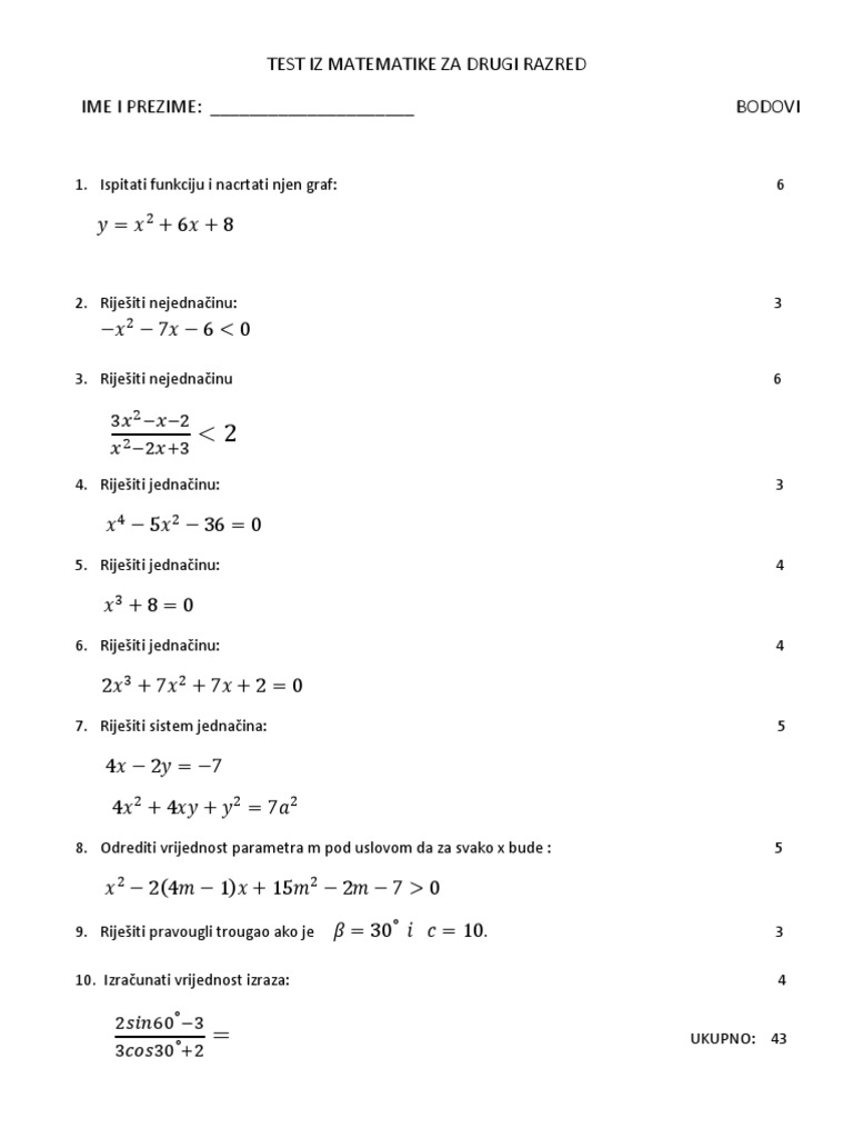 Test Iz Matematike Za Drugi Razred | PDF