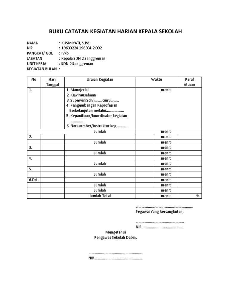 Buku Catatan Kegiatan Harian Kepala Sekolah | PDF