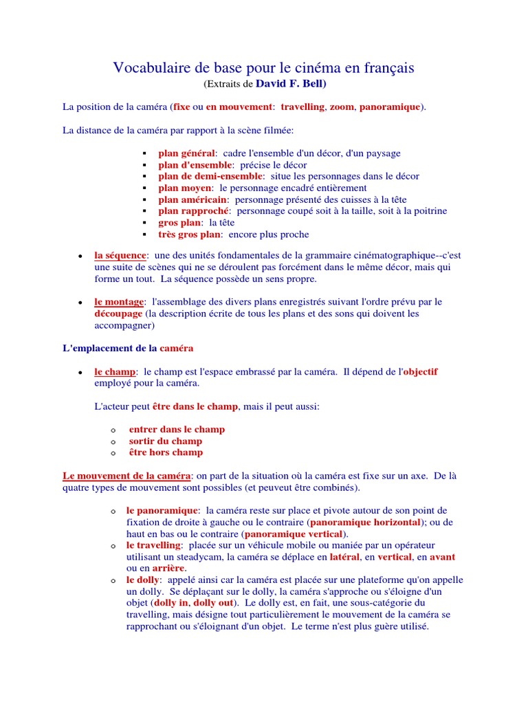 Vocabulaire Cinématographique Français | PDF | Cinématographie