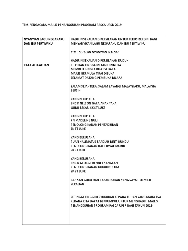 Teks Pengacara Majlis Penangguhan Program Pasca UPSR 2019 | PDF