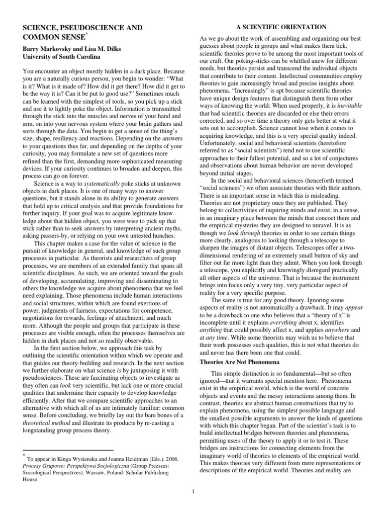 Science, Pseudoscience and Common Sense: A Scientific Orientation | PDF ...