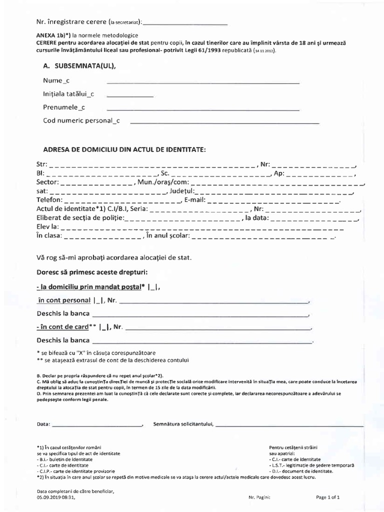 Cerere-Tip Alocatie de Stat Pentru Tineri de Peste 18 Ani | PDF