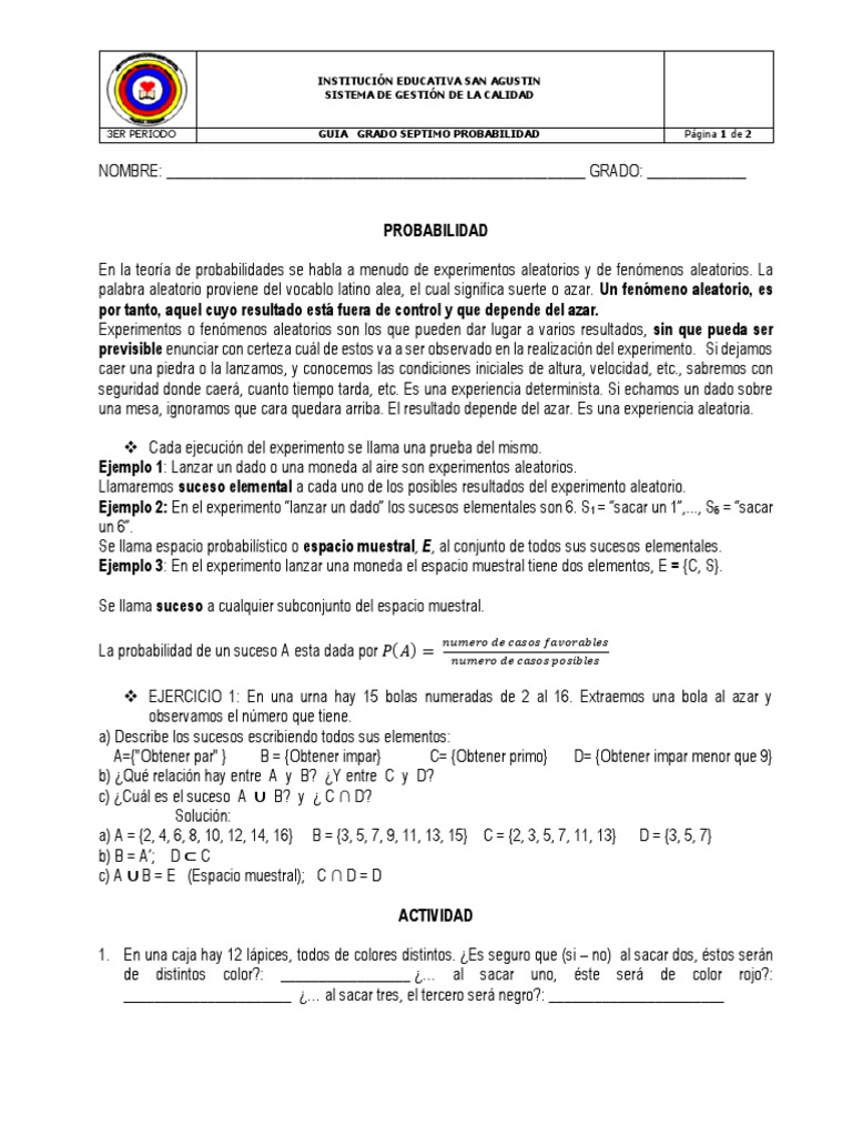 Guia Estadistica Septimo PROBABILIDAD | PDF | Aleatoriedad | Probabilidad