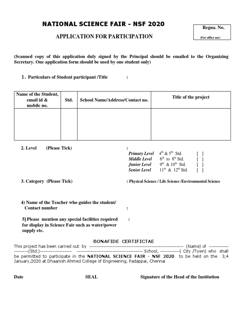 NSF 2020 Science Fair Application Form | PDF