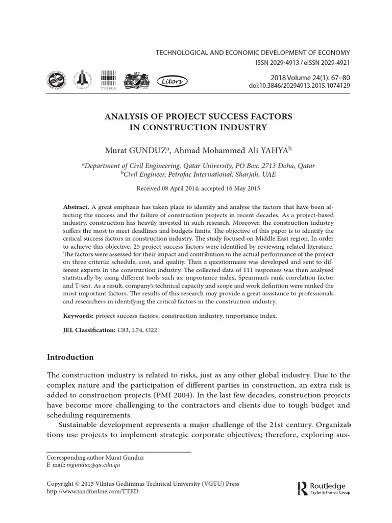 Analysis of Project Success Factors in Construction Industry | PDF ...