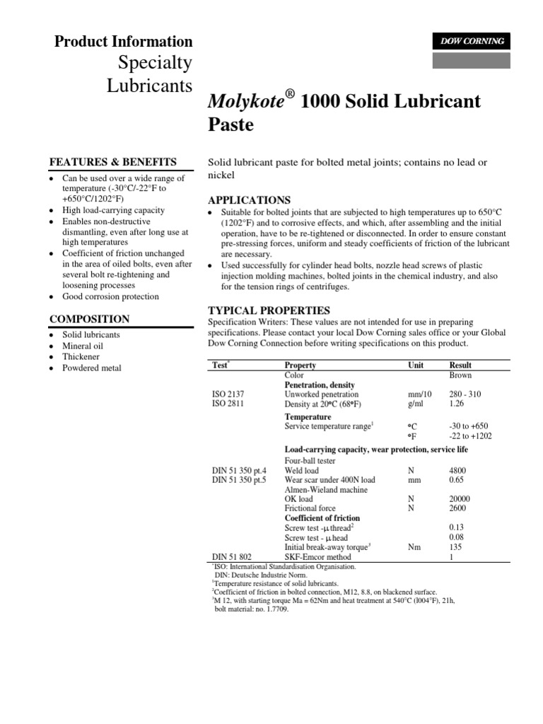Molykote 1000 Paste PDF | PDF | Screw | Lubricant