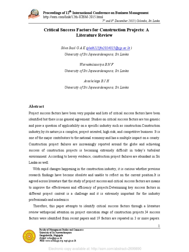 Critical Success Factors For Construction Projects A Literature Review ...