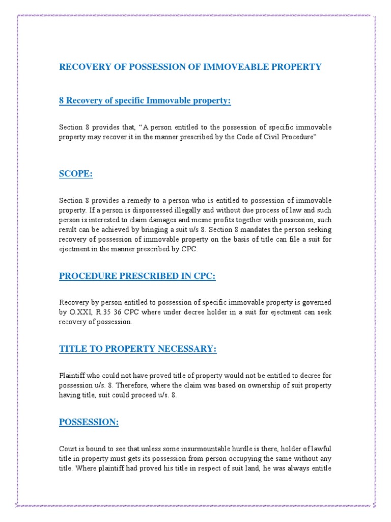 Recovery of Possession of Immoveable Property | Download Free PDF ...