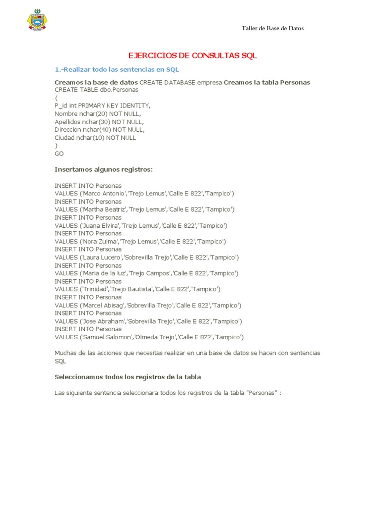 Taller SQL: Consultas y Sentencias | PDF | SQL | Datos de computadora