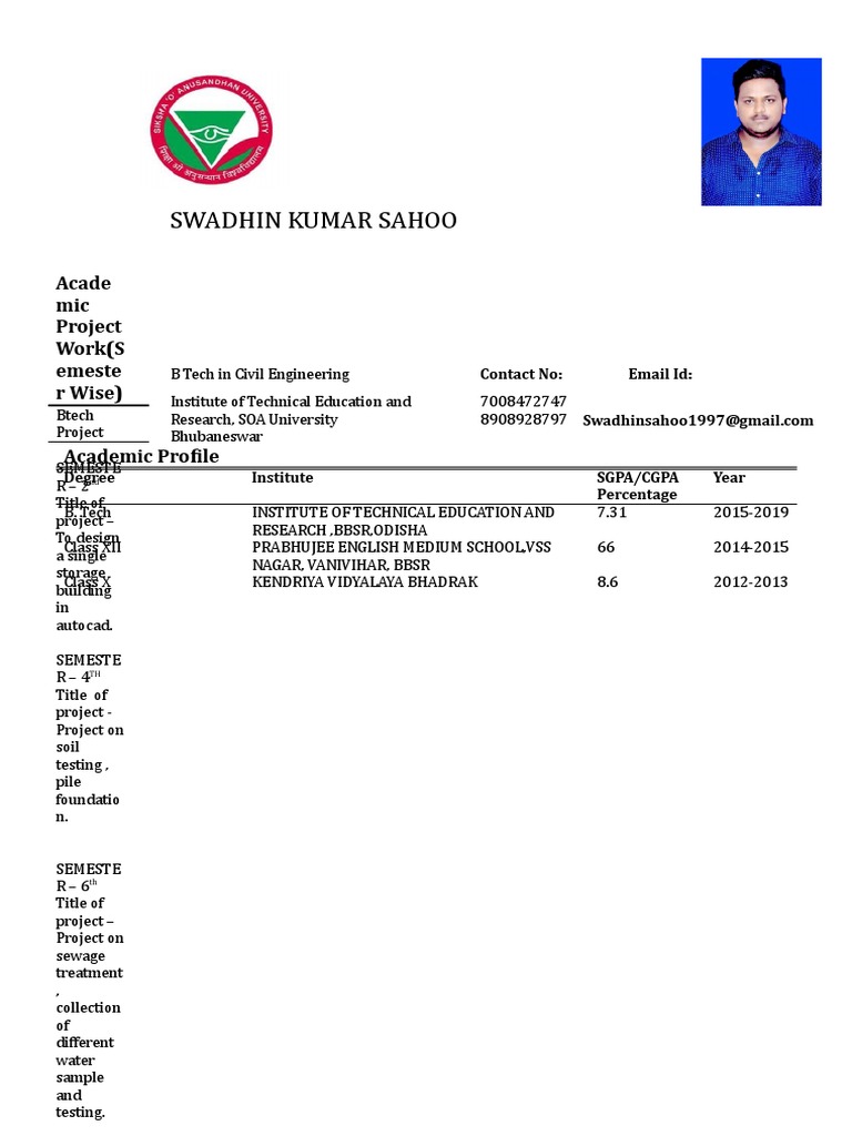 Swadhin Kumar Sahoo: Acade Mic Project Work (S Emeste R Wise) Academic Profile | PDF | Engineering