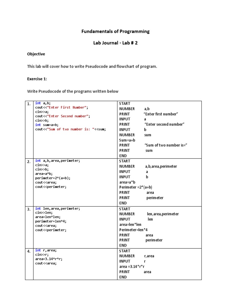 Fundamentals of Programming Lab Journal - Lab # 2: Objective | Download Free PDF | Elementary ...