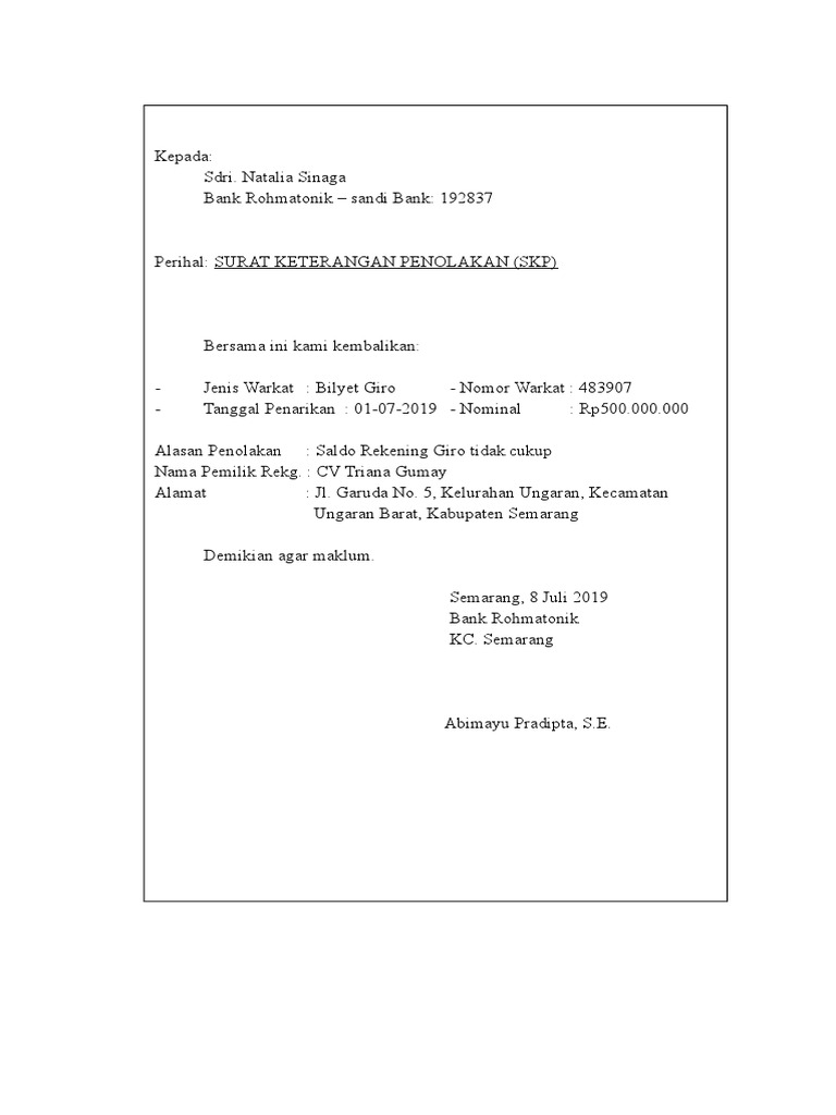 Surat Penolakan Bilyet Giro Bank | PDF