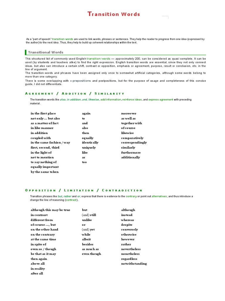 Comprehensive Guide to Transition Words | PDF | Phrase | Word