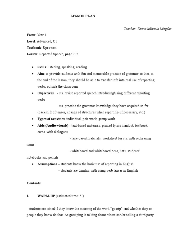 Engaging Reported Speech Lesson Plan | PDF | Lesson Plan | Sentence ...
