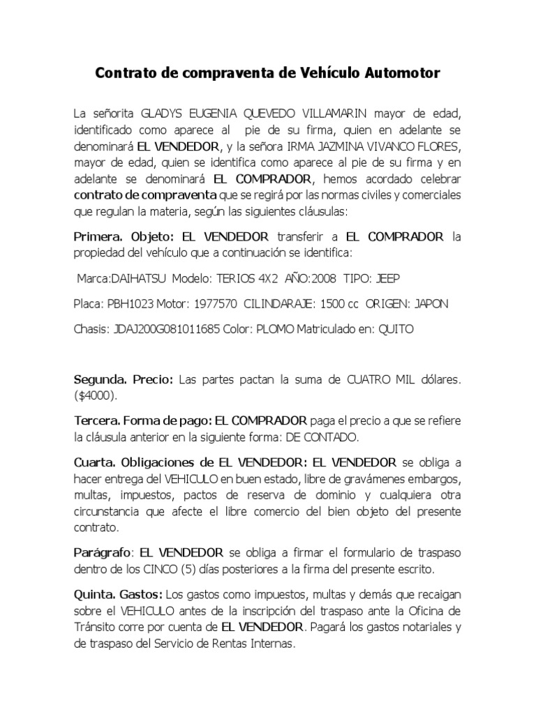 Contrato De Compraventa De Auto – QVFIX