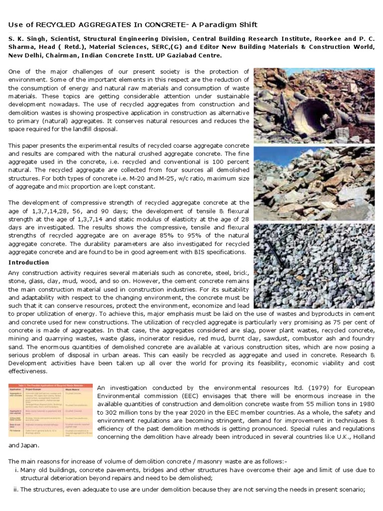 Use of Recycled Aggregates in Concrete - A Paradigm Shift | PDF ...