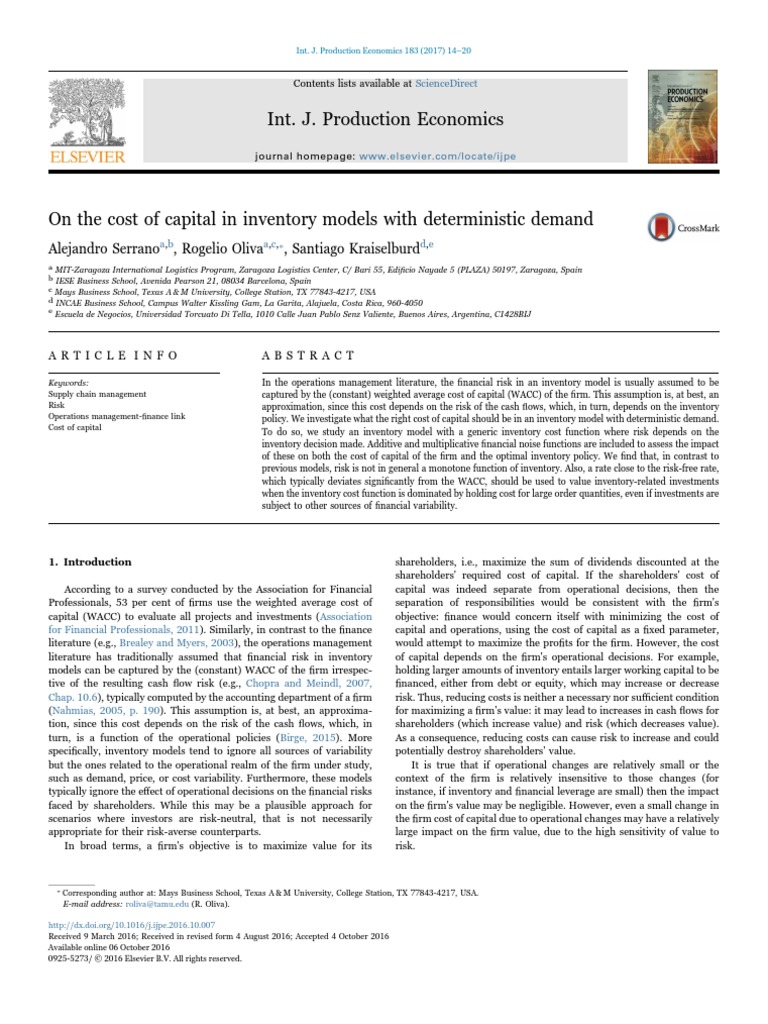 On The Cost of Capital in Inventory Models With Deterministic Demand | PDF | Cost Of Capital ...
