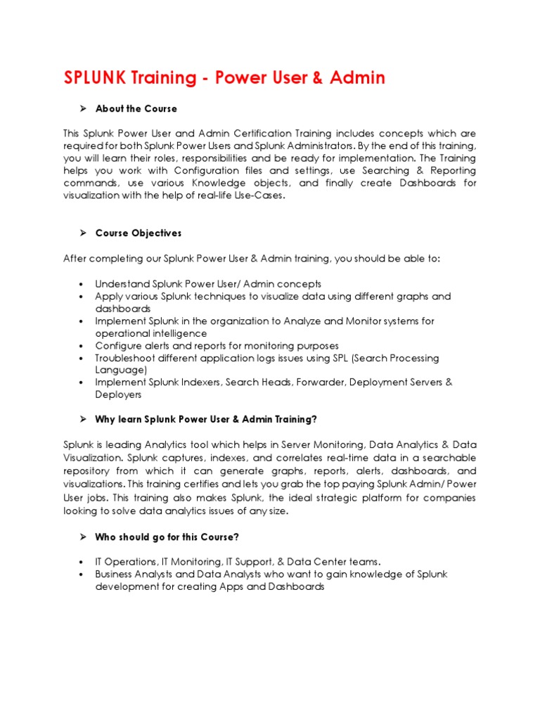 SPLUNK Training - Power User & Admin: About The Course | PDF | Data ...