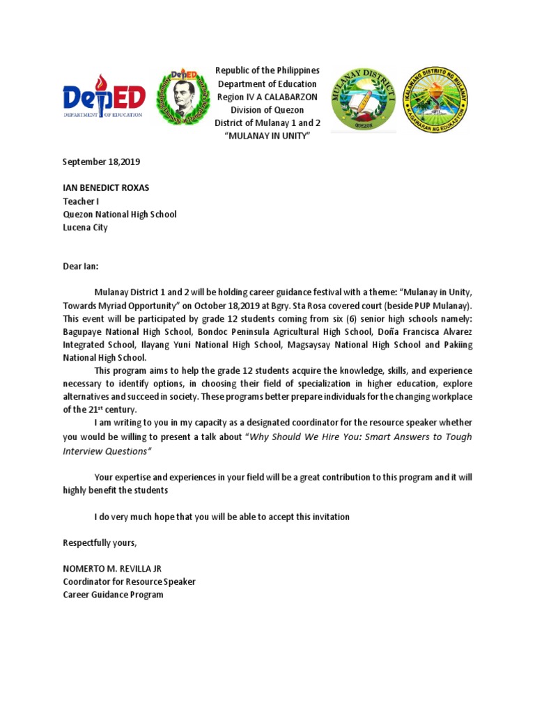 Letter The Resource Speaker Ian Benedict Roxas | PDF