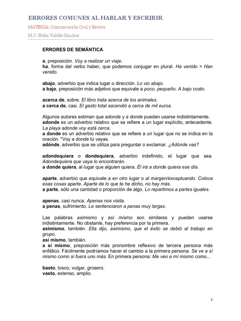 Errores Comunes Al Hablar Y Escribir Pdf Lingüística Sintaxis
