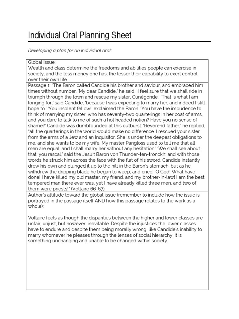Individual Oral Planning Sheet | PDF | Candide