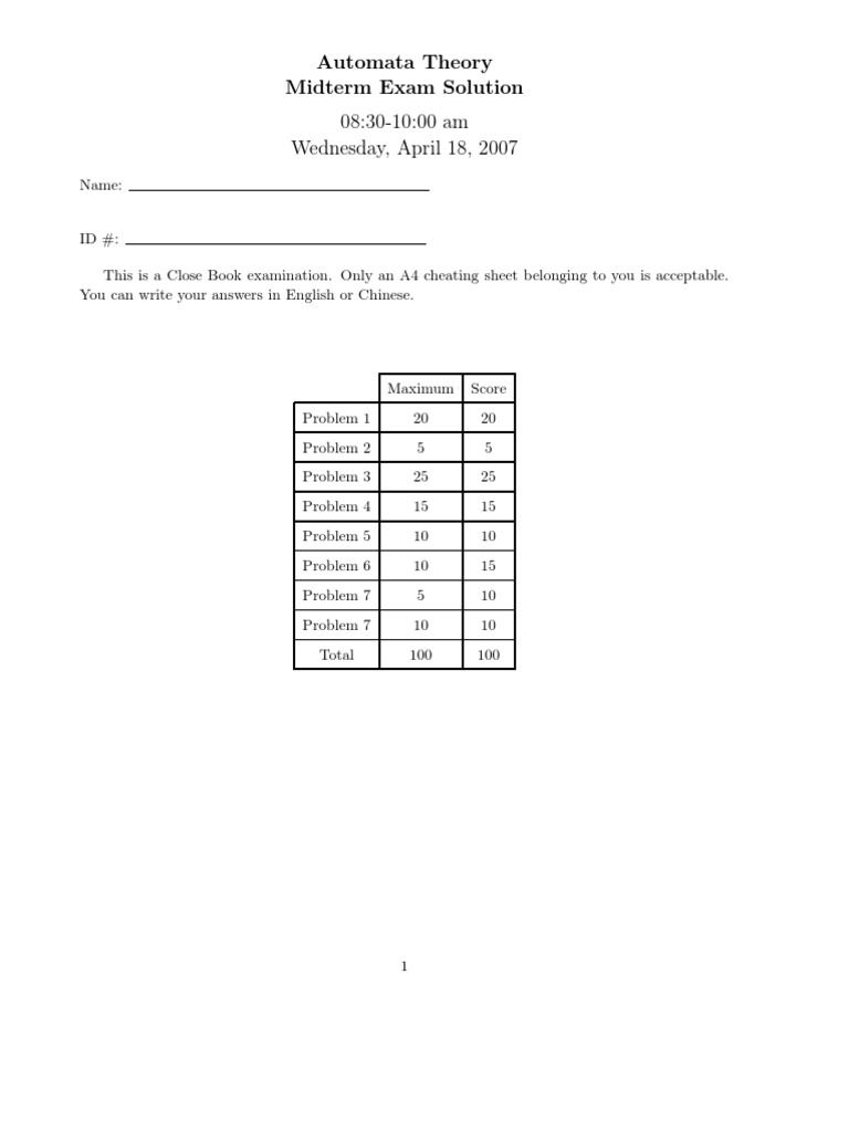 Automata Theory Midterm Exam Solution | PDF | Formal Methods | Applied ... Automata Theory Midterm Exam Solution | PDF | Formal Methods | Applied ...