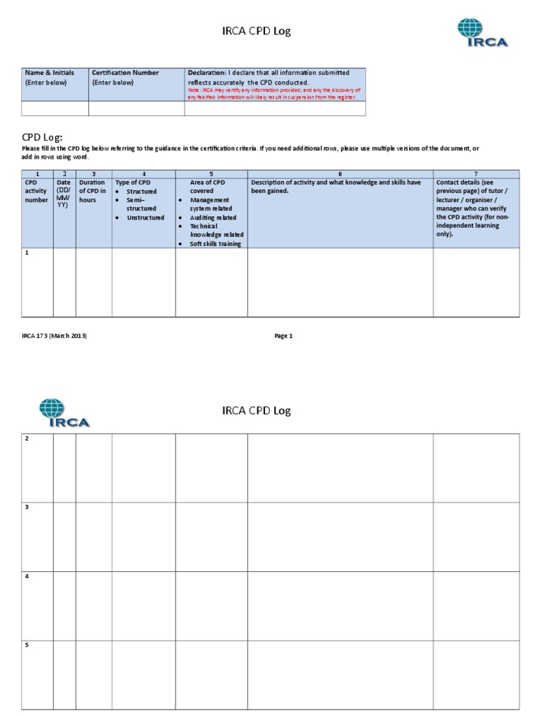 Irca CPD Log | PDF | Learning | Business