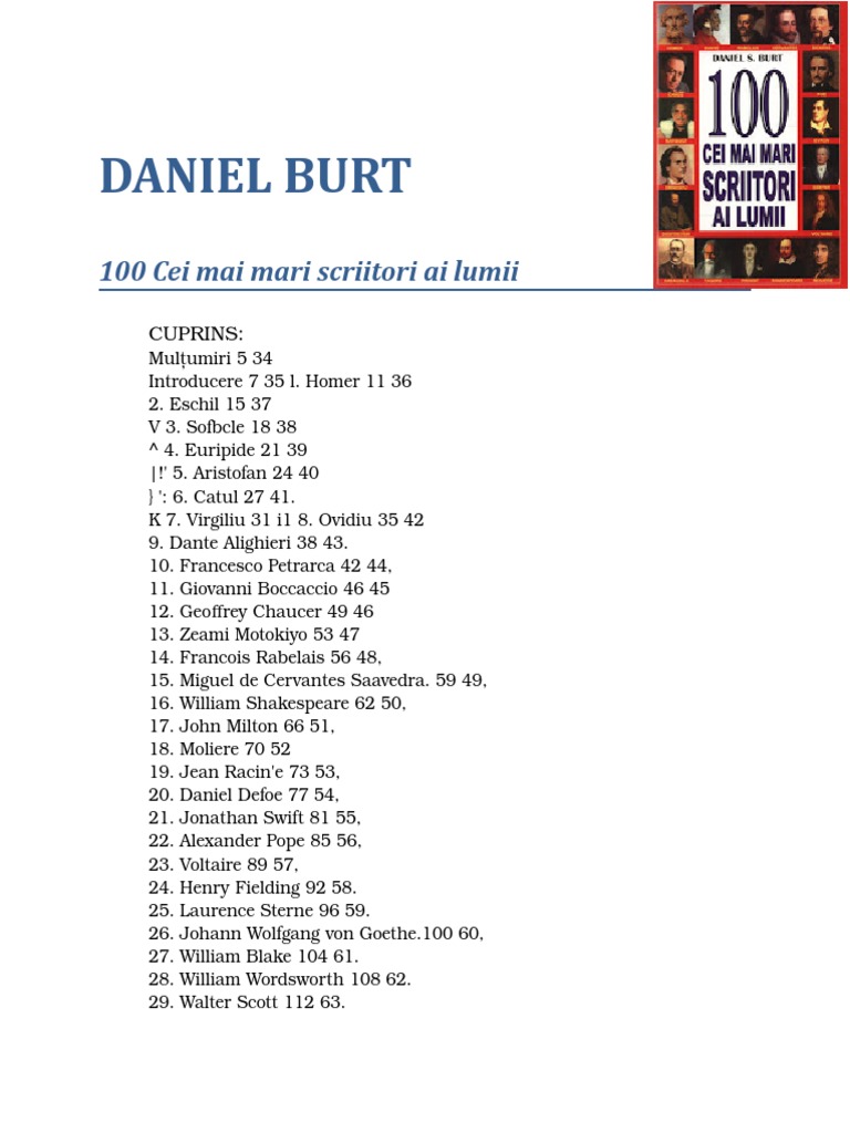 Daniel Burt - 100 Cei Mai Mari Scriitori Ai Lumii Din Toate Timpurile PDF | PDF | Male Writers ...