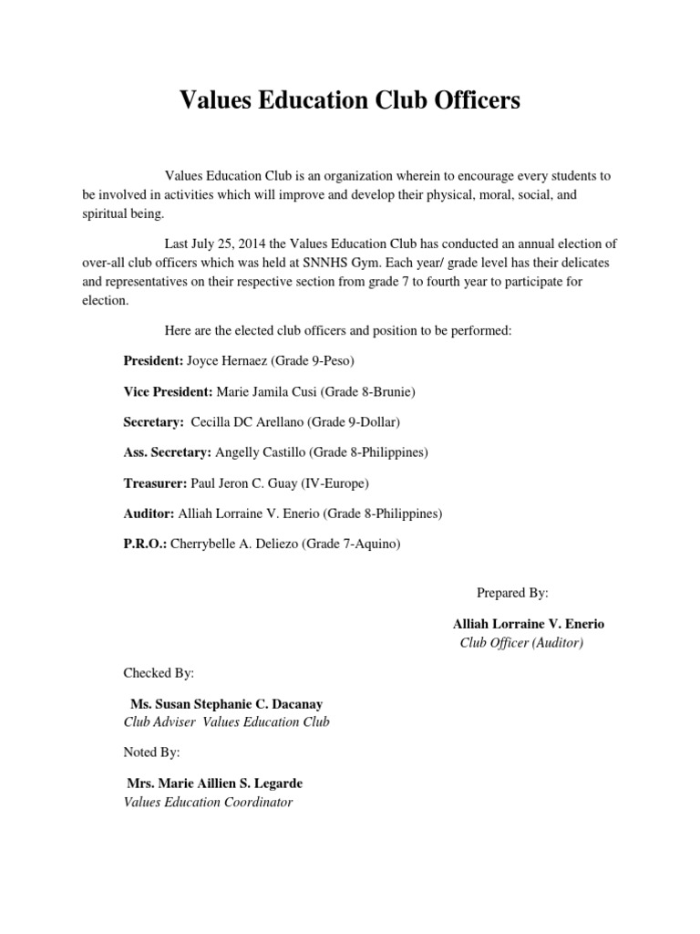 Values Education Club Officers 2014 | PDF