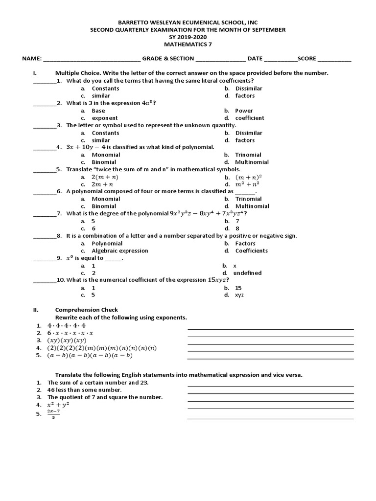 Grade 7 Assessment | PDF | Polynomial | Abstract Algebra