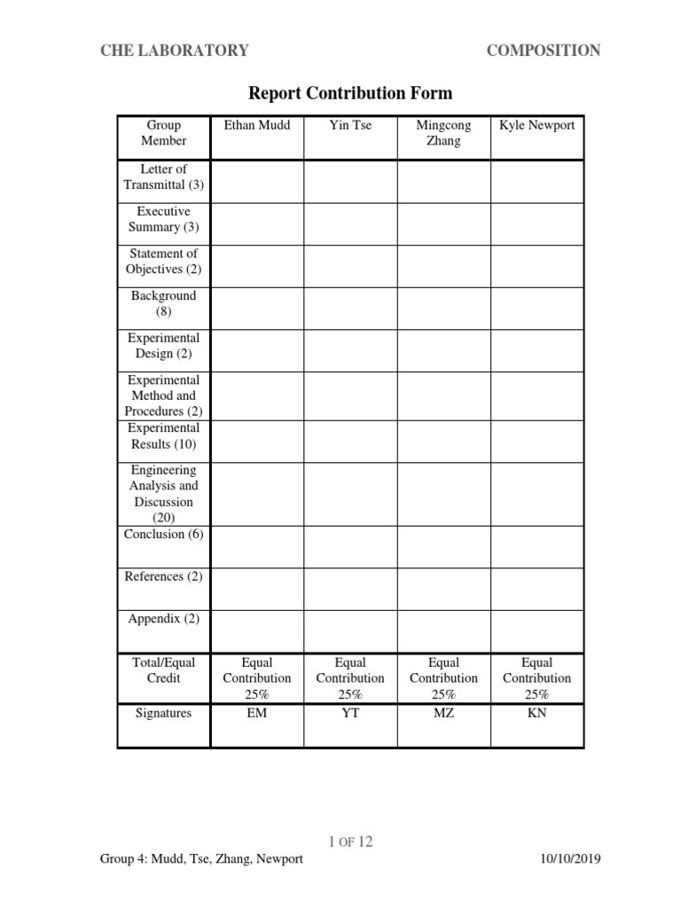 Report Contribution Form: Che Laboratory Composition | PDF | Gas ...