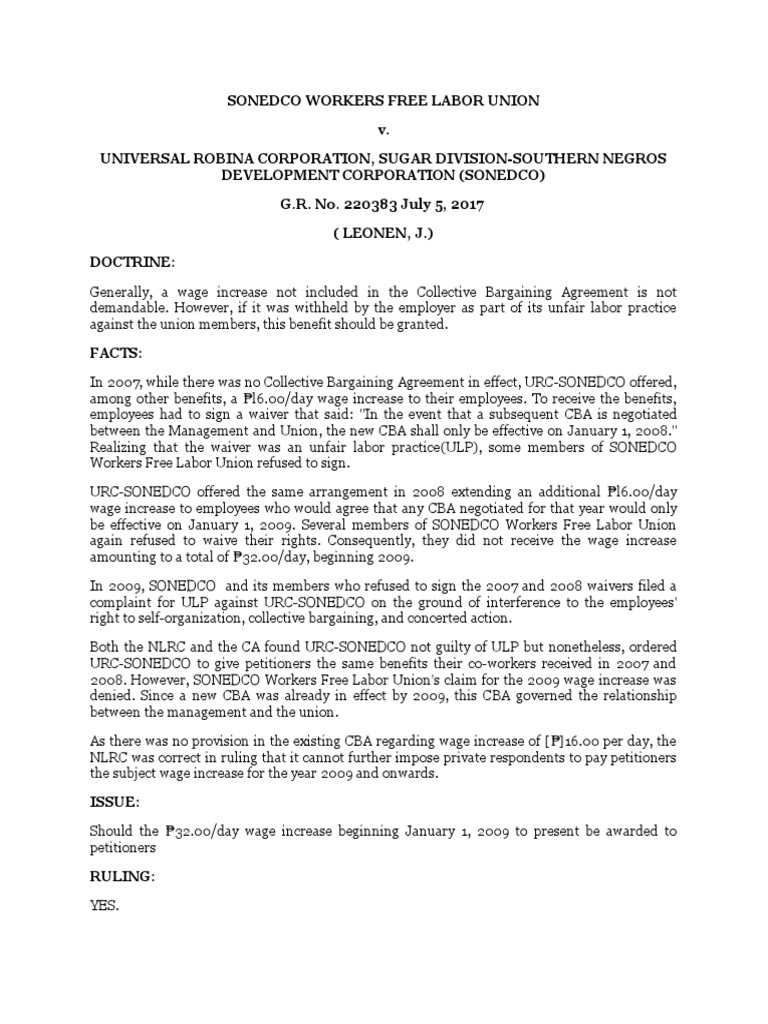 Sonedco Workers Free Labor Union v. Universal Robina Corporation, Sugar ...