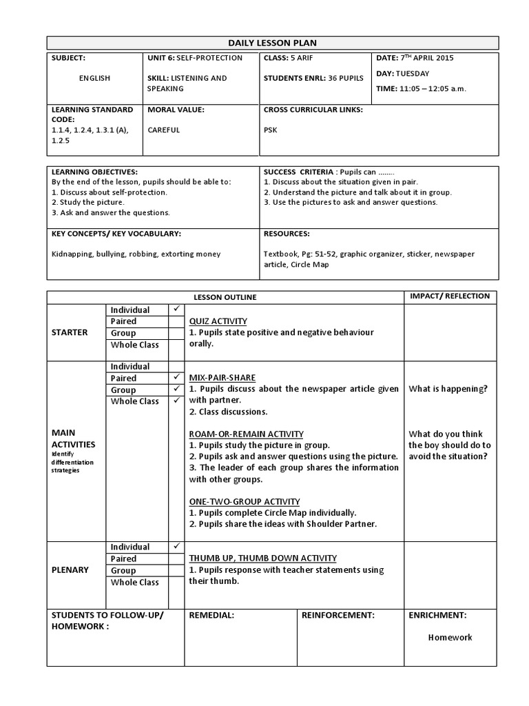 Daily Lesson Plan: Starter | Download Free PDF | Lesson Plan | Homework