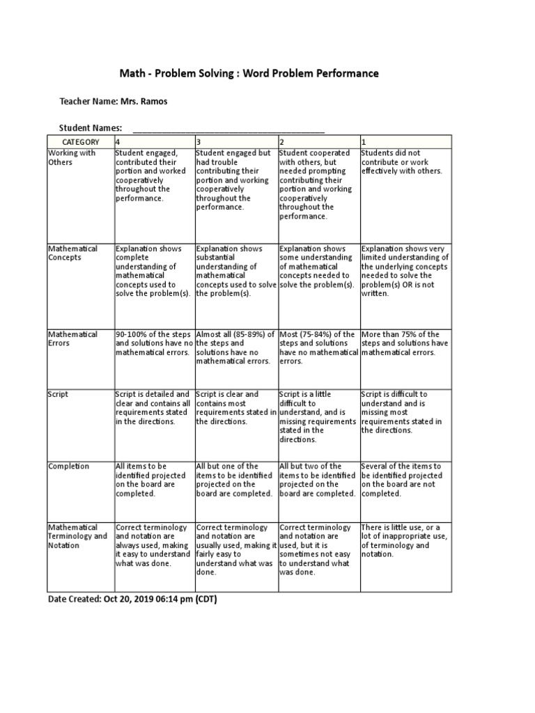Rubric Word Prob Perf | PDF | Applied Psychology | Teaching Mathematics