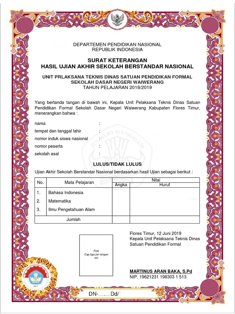 Surat Keterangan Hasil Ujian SD | PDF
