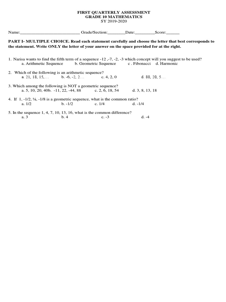 Grade 10 Mathematics First Quarterly Assessment | PDF | Ratio | Numbers