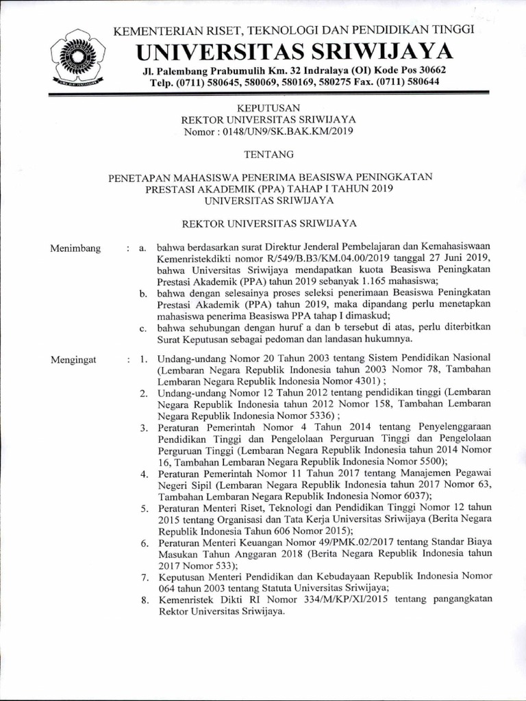 SK - Bak.ak.0148 Tetang Penetapan Mhs Penerima Beasiswa PPA Tahap I TA 2019 16092019 | PDF