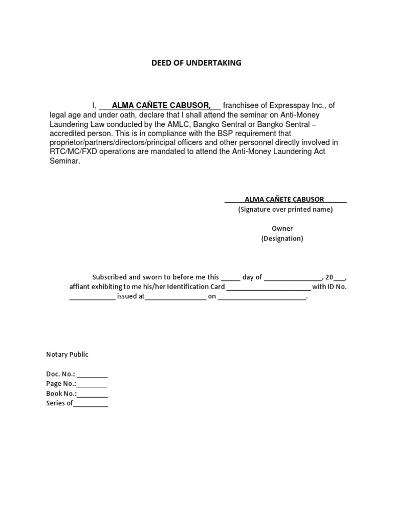 Deed of Undertaking - Amla Seminar - Legal 3 Copies | PDF