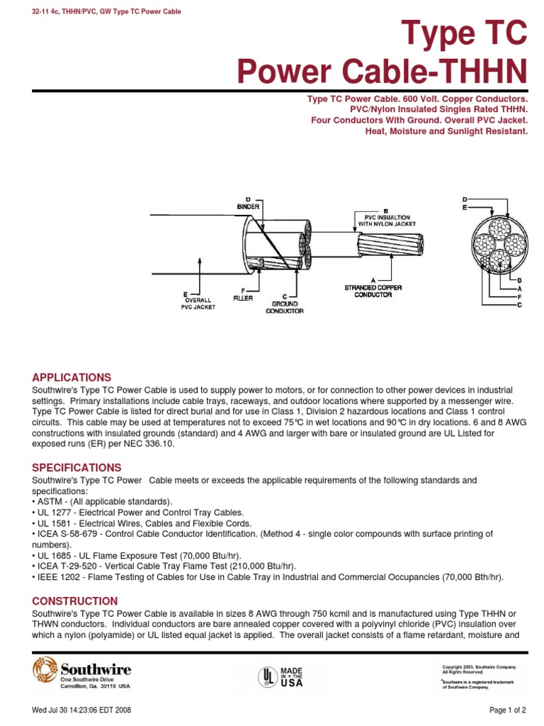 Type TC Power Cable-THHN: Applications | PDF | Electrical Engineering ...