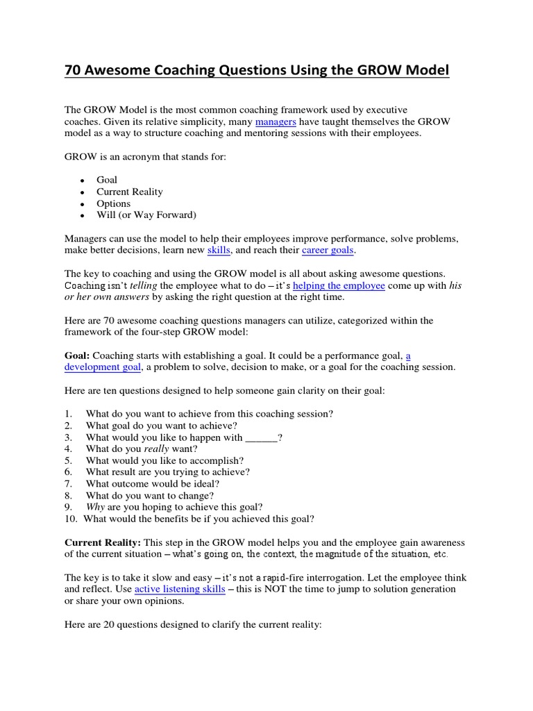 70 Awesome Coaching Questions Using The GROW Model | PDF | Goal ...