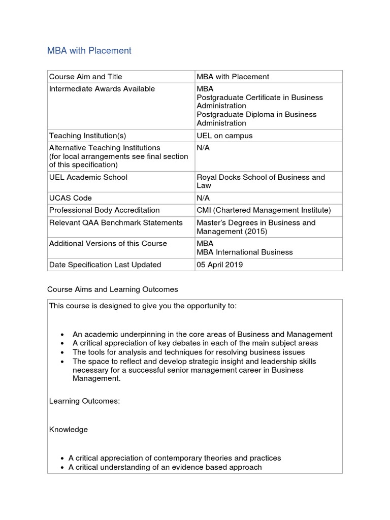 Course Specification Mba With Placement | PDF | Master Of Business ...